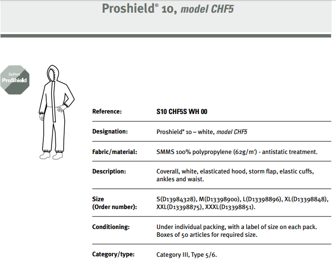 Quần áo chống hóa chất Dupont Proshield 10